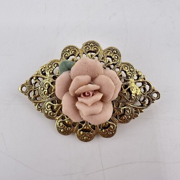 1928 | Jewelry | 75x125 1928 Gold Tone Victorian Style Filigree Ceramic ...